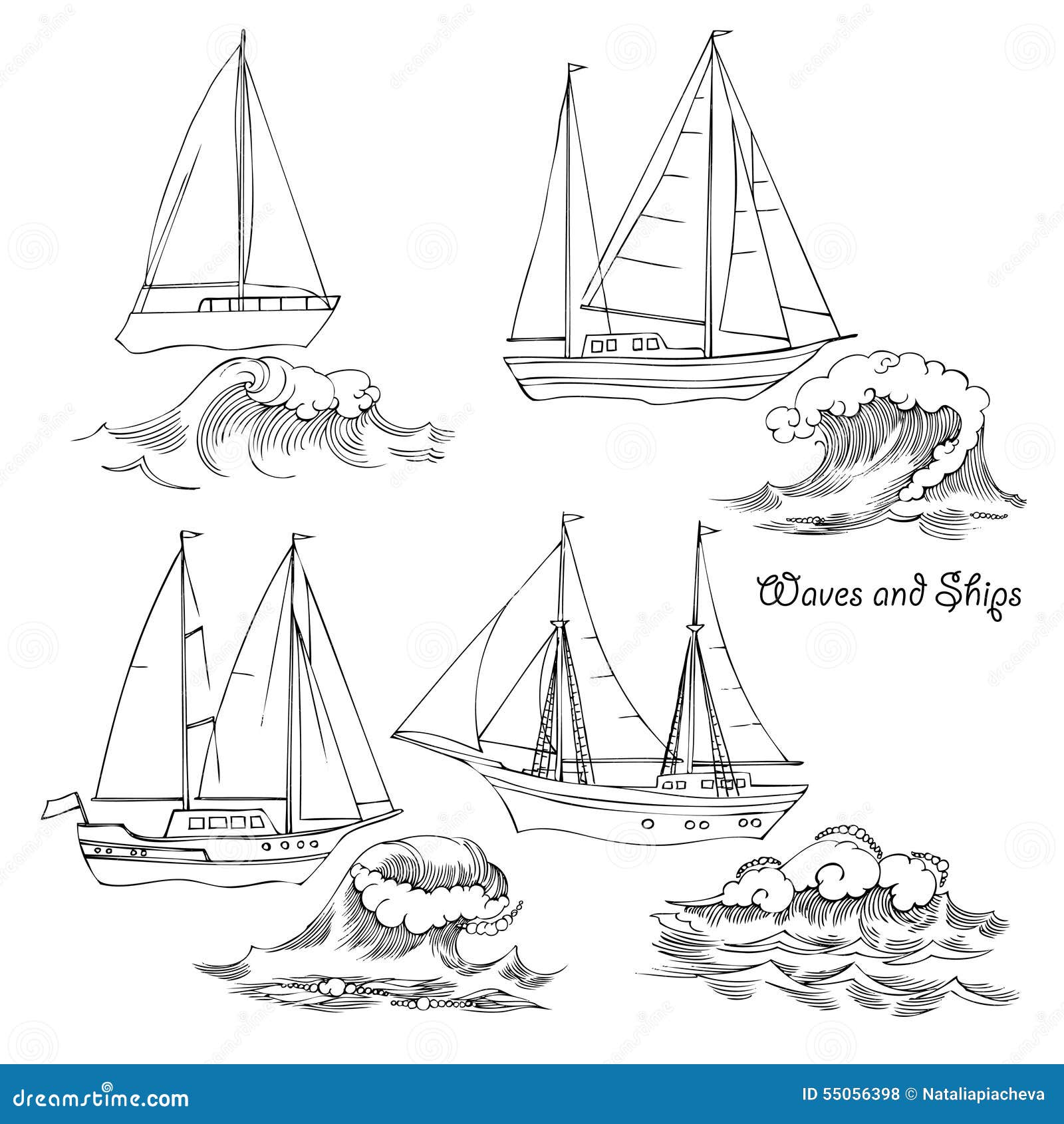 Waves and Ships.Set of Sketches Stock Vector - Illustration of summer ...