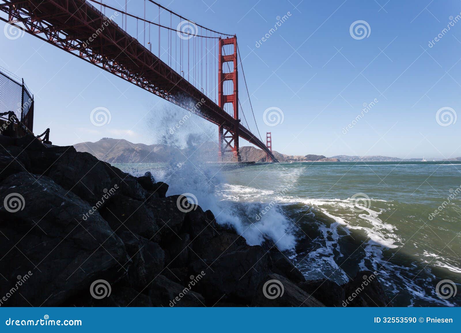 Waves Splash Up Nearby on Cliffs Under Golden Gate Bridge Stock Photo ...