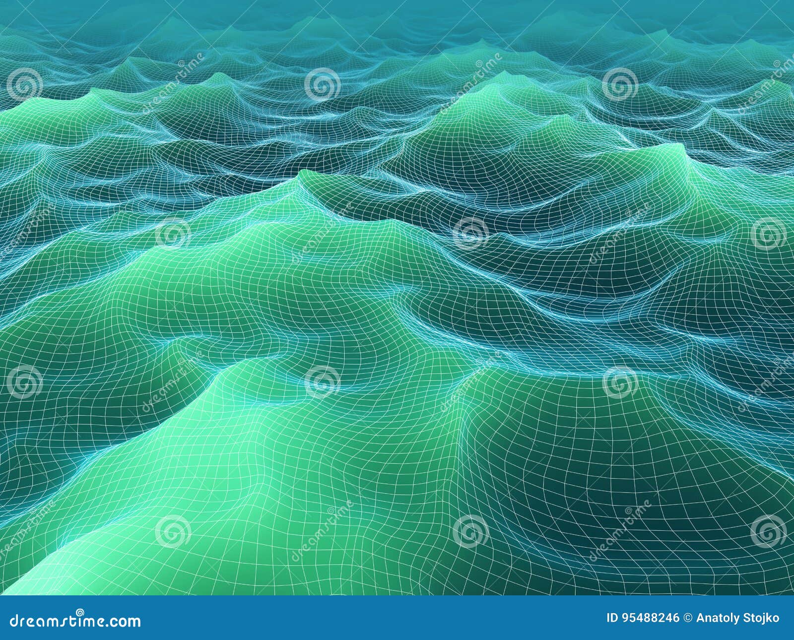 Waves Surface Green. Grid Background. Abstract 3d Illustration Stock ...