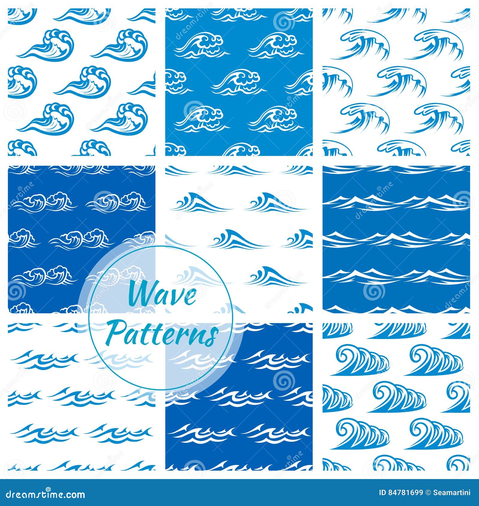 Waves, Water Splashes Seamless Patterns Set Stock Vector - Illustration ...