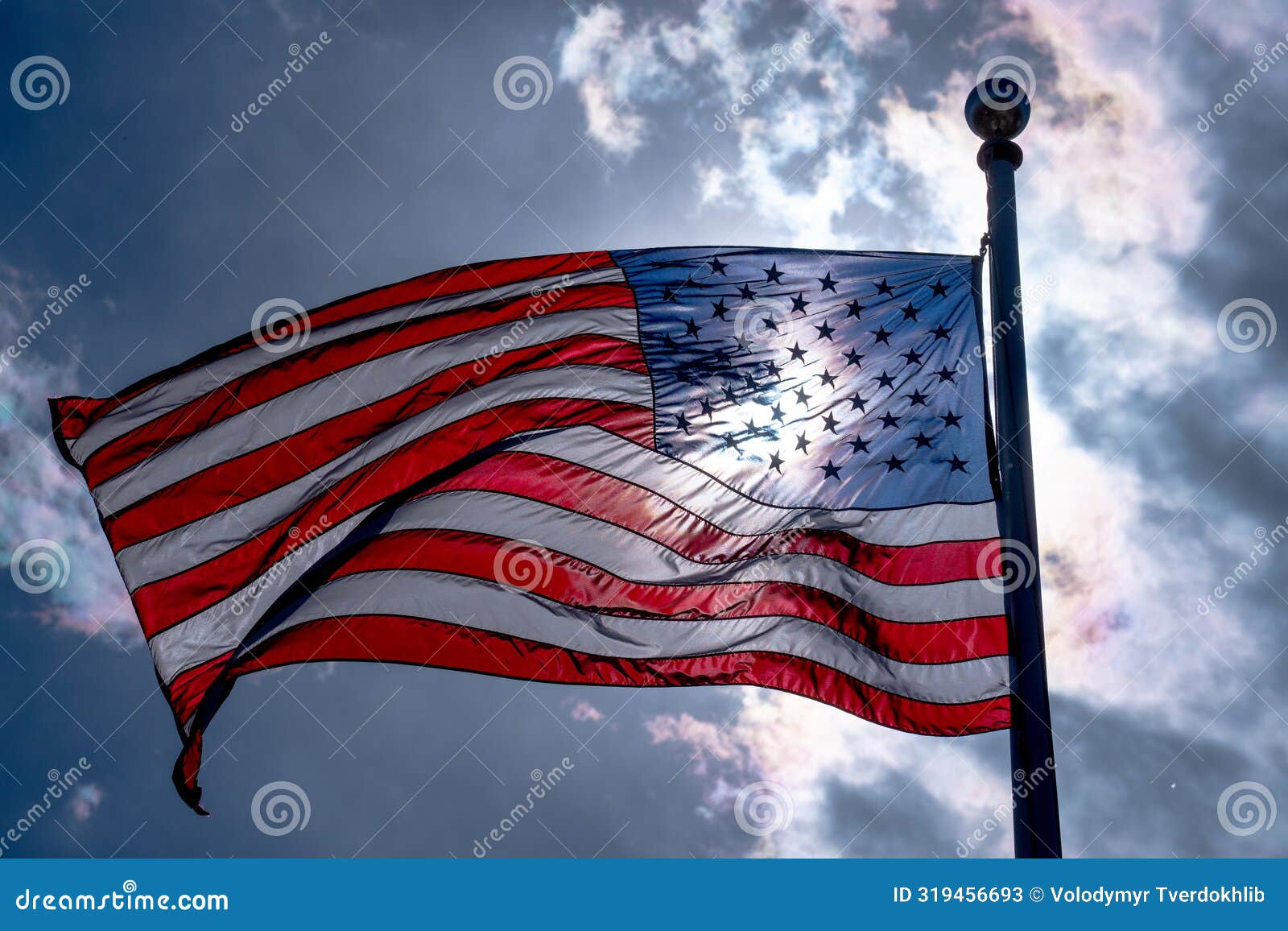 Waving American Flag on Dark Dramatic Sky. Stock Image - Image of ...