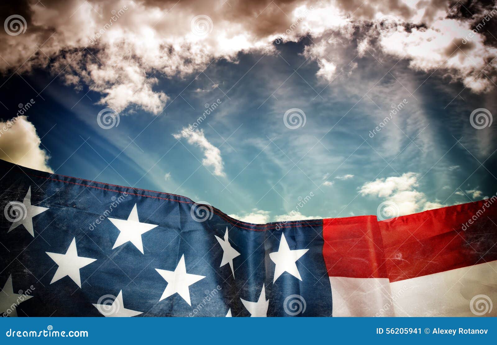 Waving American Flag and Sky in Dark Grunge Style Stock Image - Image ...