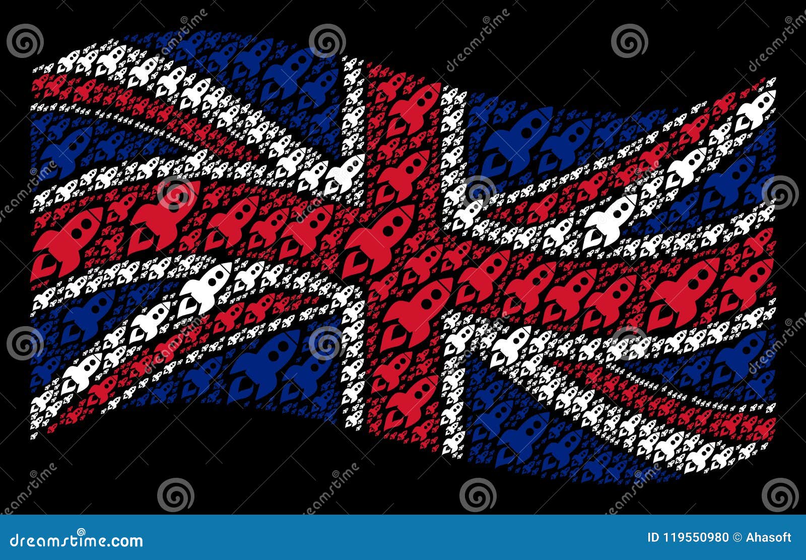 Waving British Flag Pattern of Space Rocket Launch Icons Stock Vector ...