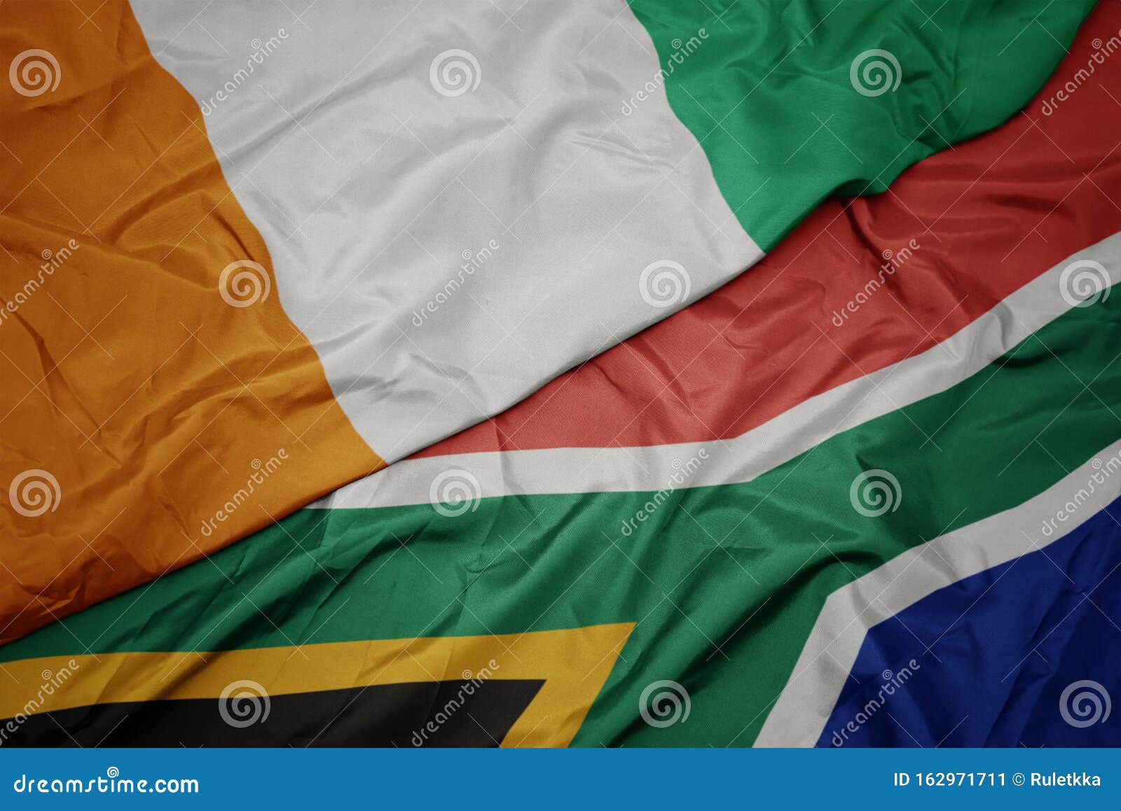 Waving Colorful Flag Of South Africa And National Flag Of Cote Divoire