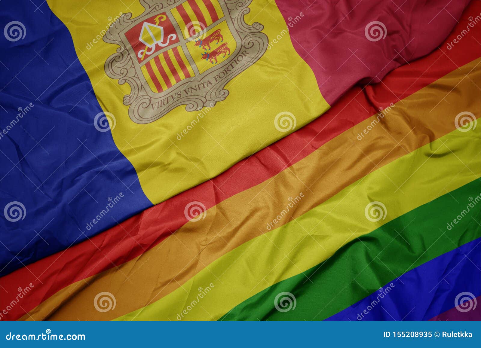 Waving Colorful Gay Rainbow Flag And National Flag Of Andorra Stock Image Image Of Material