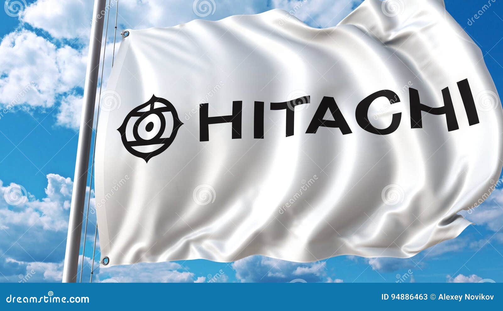 Waving Flag with Hitachi Logo Against Sky and Clouds. Editorial 3D ...
