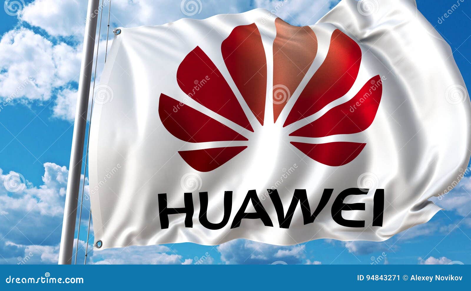 Waving Flag with Huawei Logo Against Sky and Clouds. Editorial 3D ...