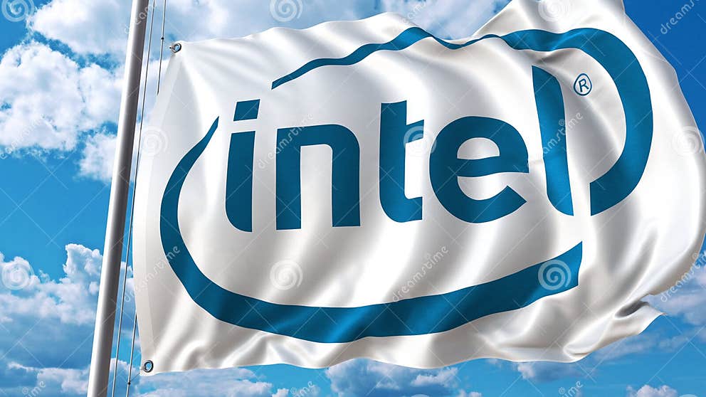 Waving Flag with Intel Logo Against Sky and Clouds. Editorial 3D ...
