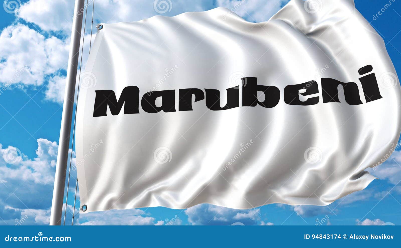 Waving Flag with Marubeni Logo Against Sky and Clouds. Editorial 3D ...