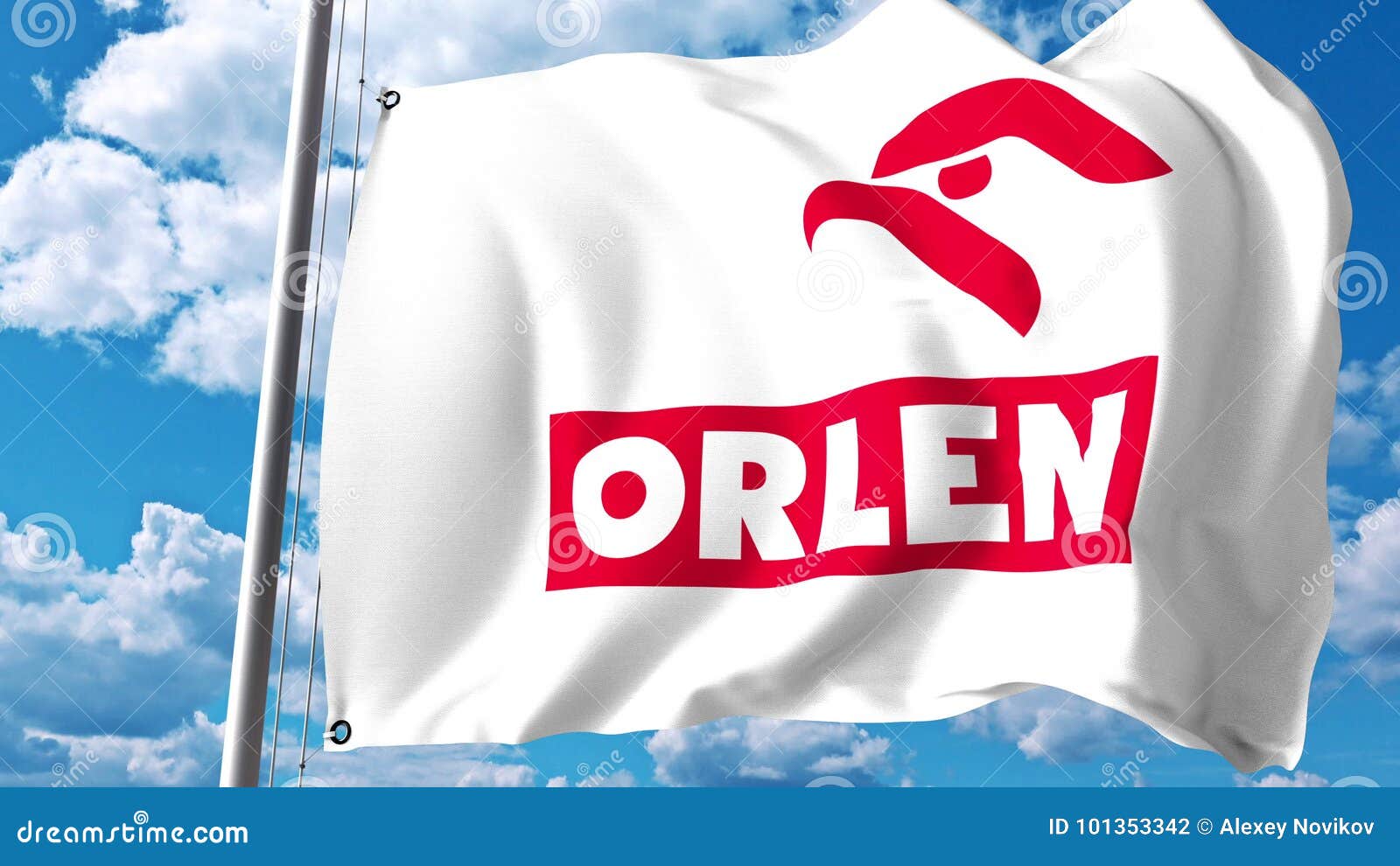 Waving Flag with PKN Orlen Logo Against Clouds and Sky. Editorial 3D ...