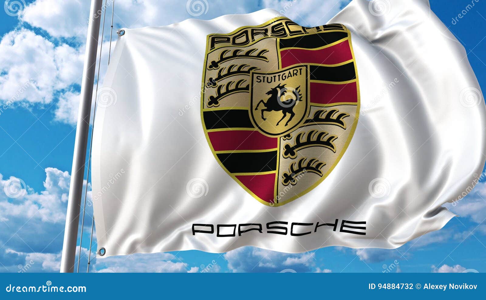 Waving Flag with Porsche Logo Against Sky and Clouds. Editorial 3D ...
