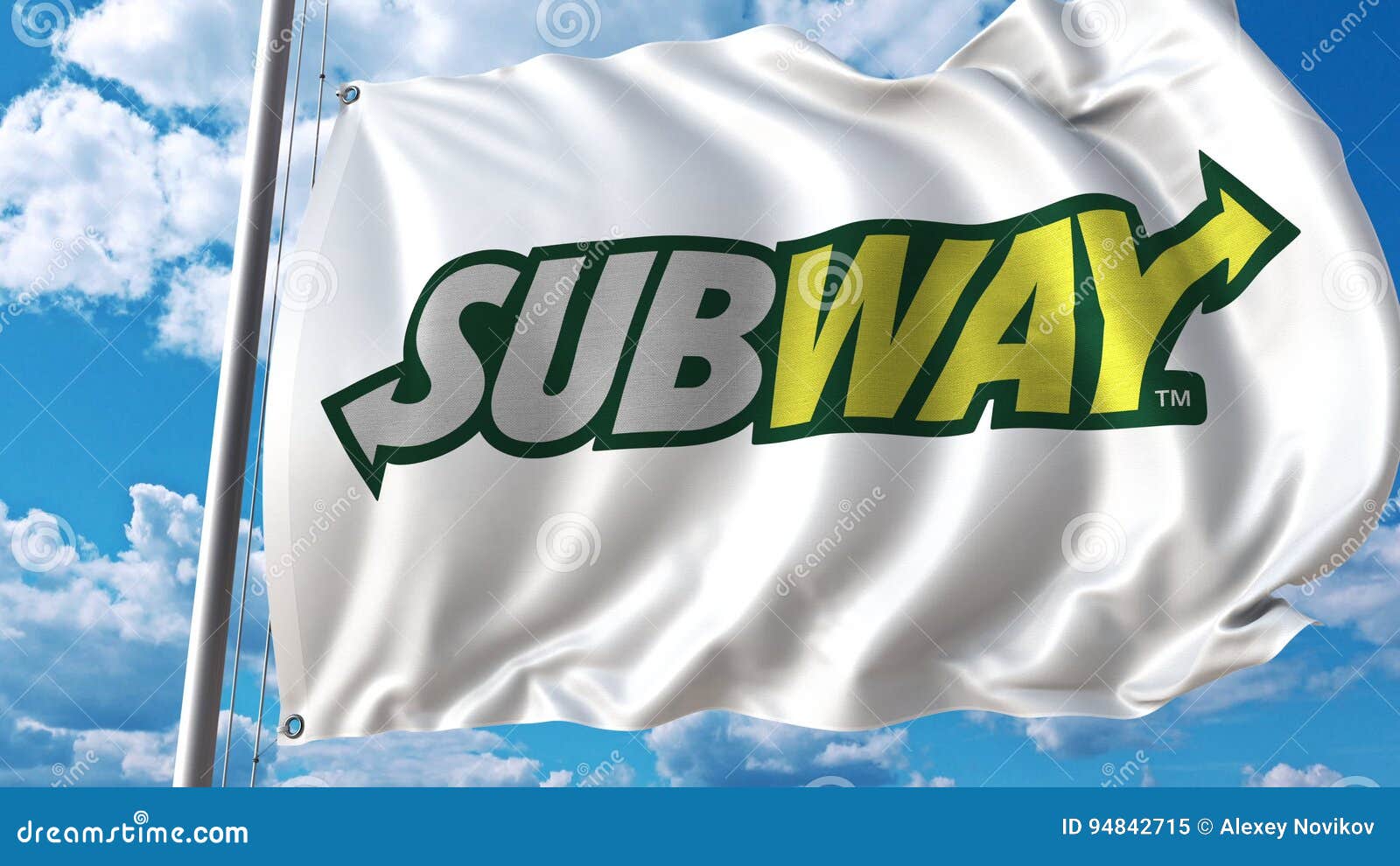 Waving Flag with Subway Logo Against Sky and Clouds. Editorial 3D ...