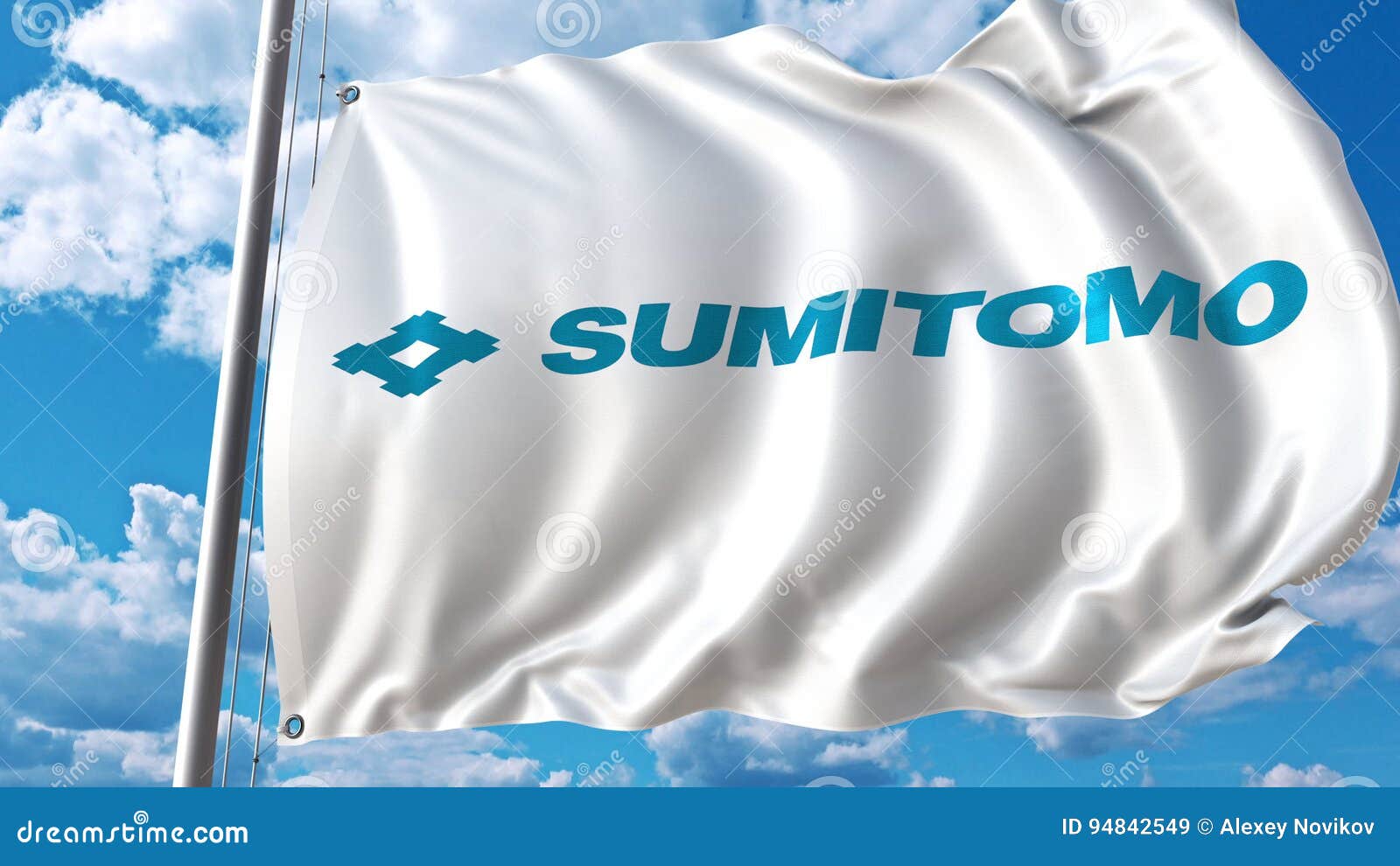 Waving Flag with Sumitomo Logo Against Sky and Clouds. Editorial 3D ...