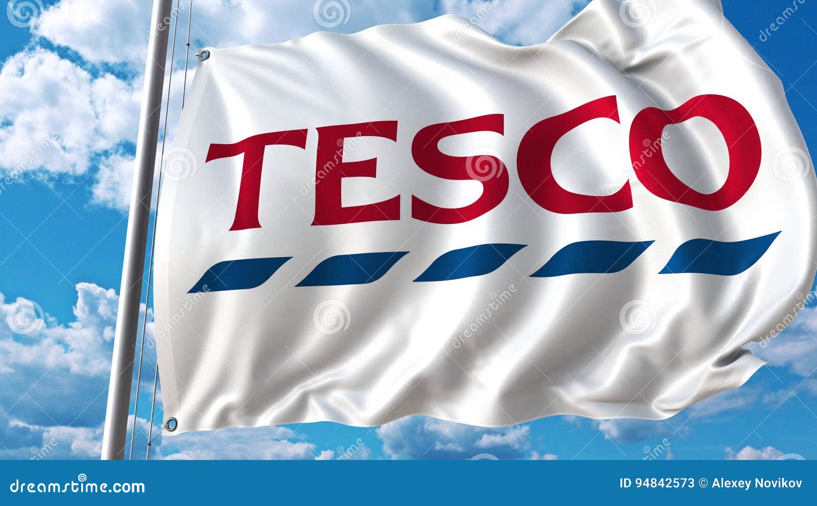 Waving Flag with Tesco Logo Against Sky and Clouds. Editorial 3D ...