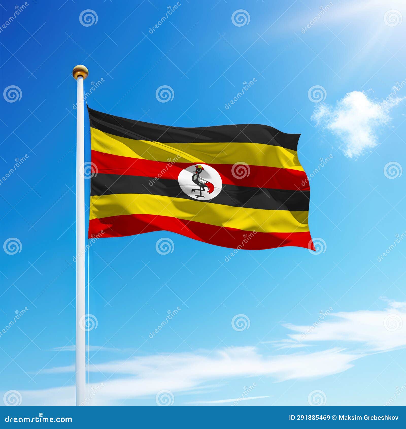 Waving Flag of Uganda on Flagpole with Sky Background. Stock Image ...