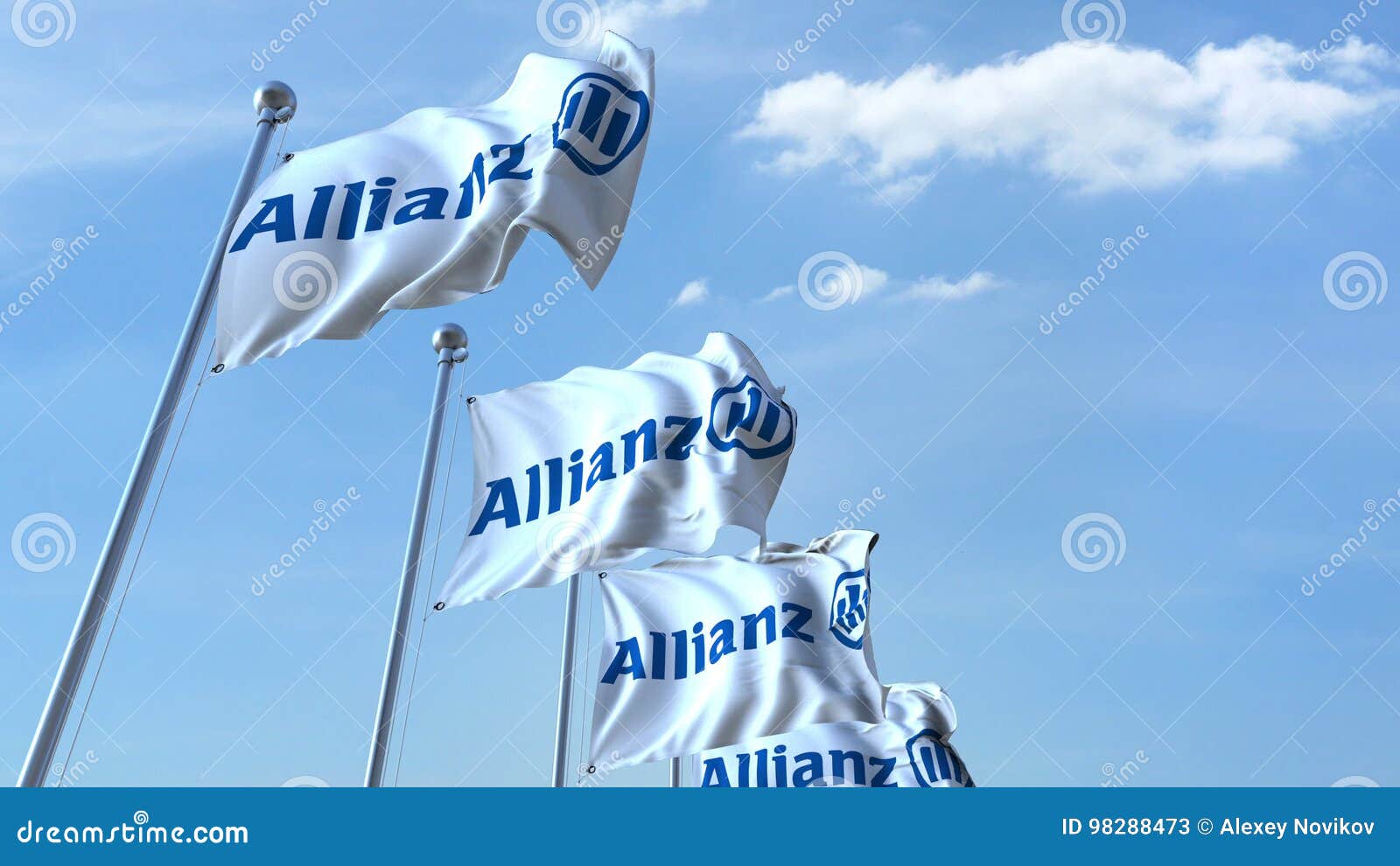 Waving Flags with Allianz Logo Against Sky, Editorial 3D Rendering ...
