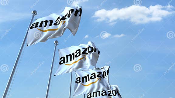 Waving Flags with Amazon Logo Against Sky, Editorial 3D Rendering ...