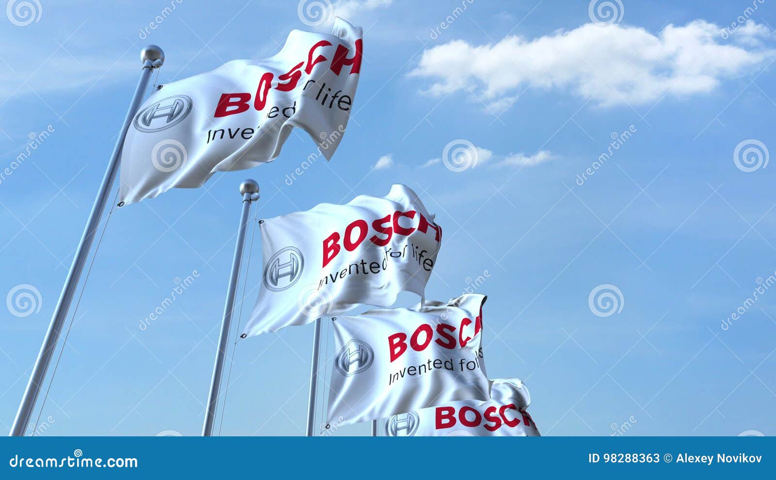 Waving Flags with Bosch Logo Against Sky, Editorial 3D Rendering ...