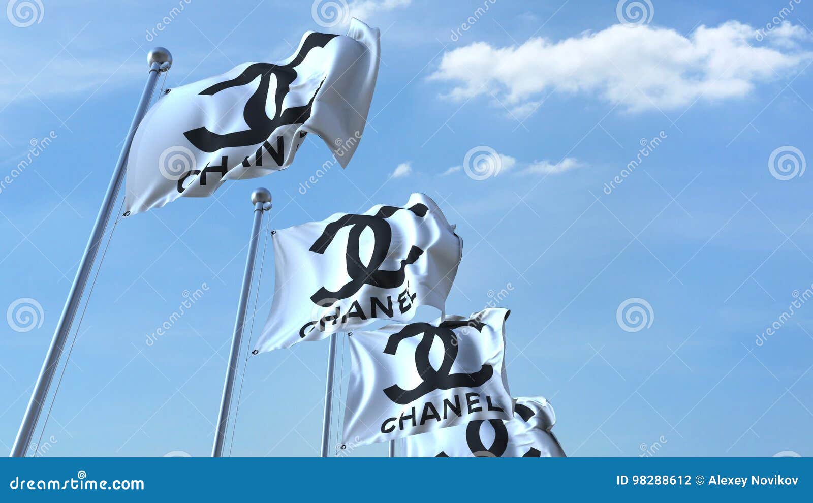 Waving Flags with Chanel Logo Against Sky, Editorial 3D Rendering ... Waving Flags with Chanel Logo Against Sky, Editorial 3D Rendering ...