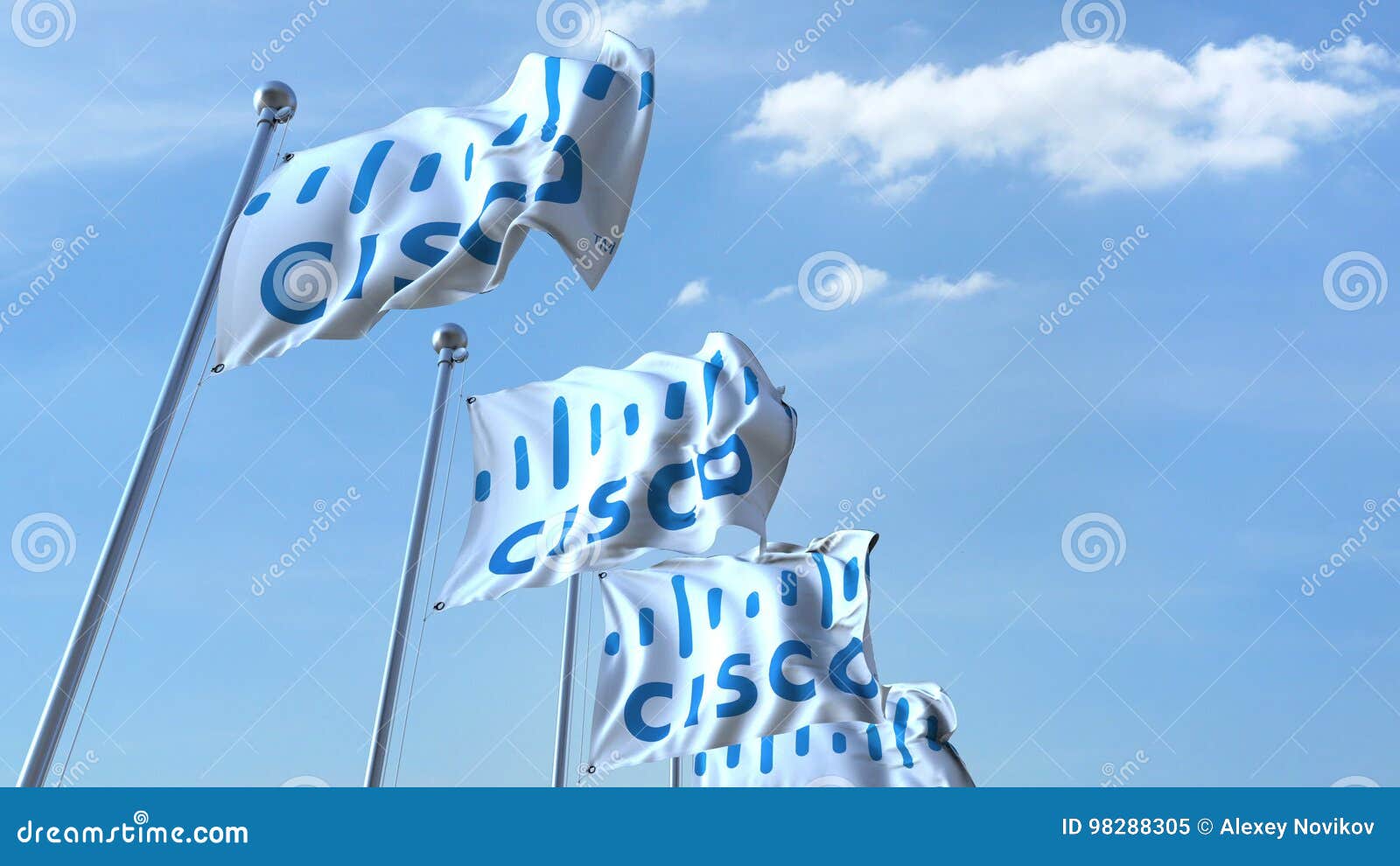 Waving Flags with Cisco Logo Against Sky, Editorial 3D Rendering ...