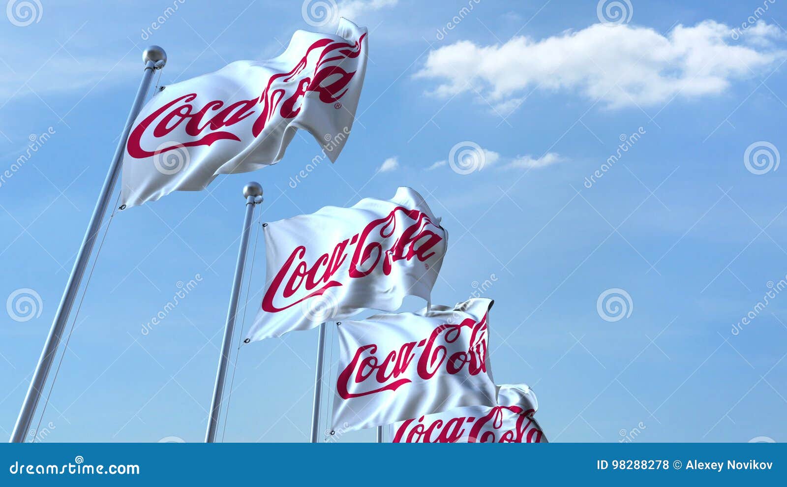 Waving Flags with Coca-Cola Logo Against Sky, Editorial 3D Rendering ...