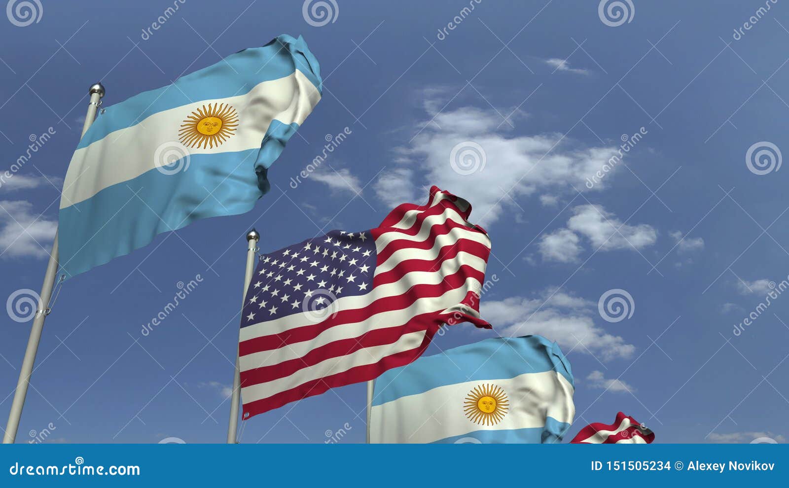 Row of Waving Flags of Argentina and the USA, 3D Rendering Stock ...
