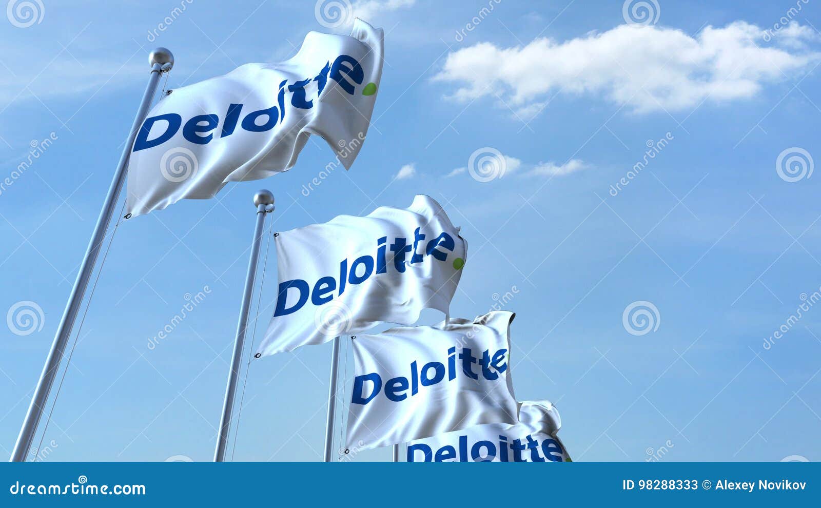 Waving Flags with Deloitte Logo Against Sky, Editorial 3D Rendering ...