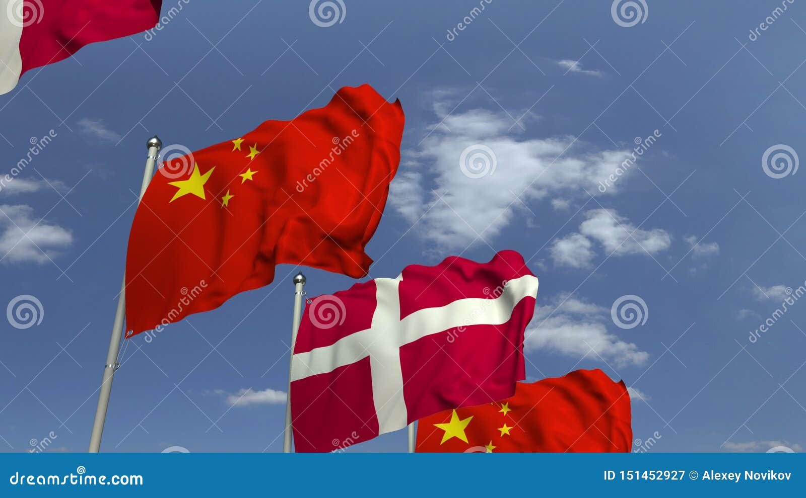 Waving Flags of Denmark and China on Sky Background, 3D Rendering Stock ...