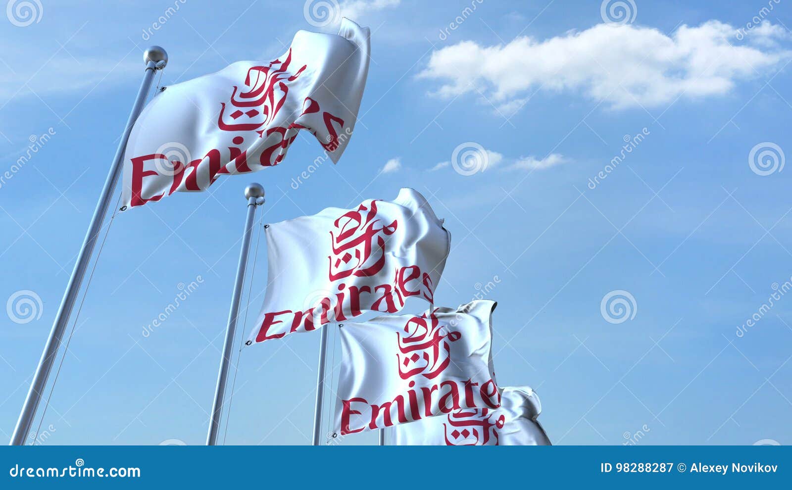Waving Flags with Emirates Airlines Logo Against Sky, Editorial 3D ...