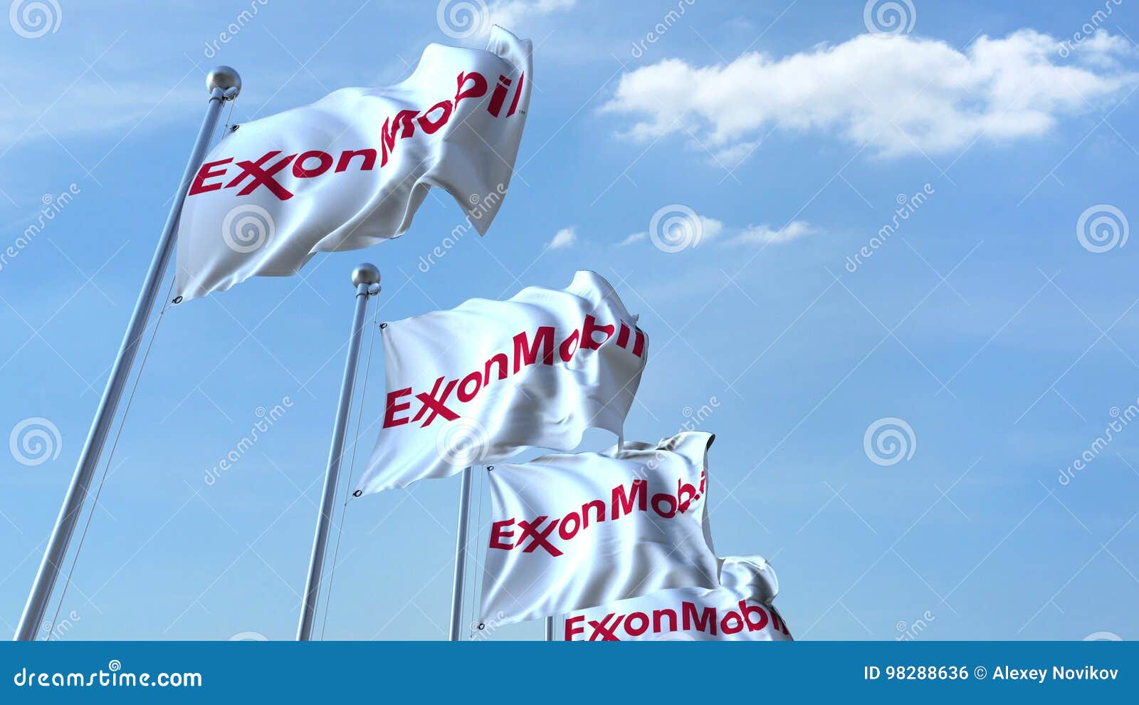 Waving Flags with Exxon Mobil Logo Against Sky, Editorial 3D Rendering ...