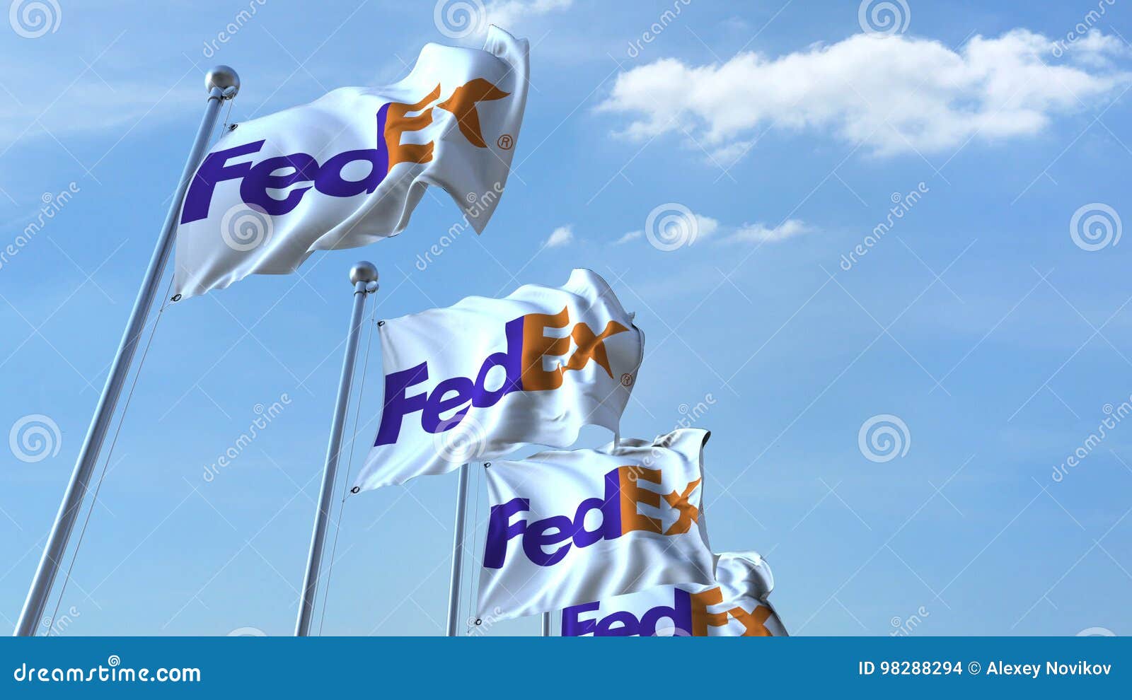 Waving Flags with Fedex Logo Against Sky, Editorial 3D Rendering ... Waving Flags with Fedex Logo Against Sky, Editorial 3D Rendering ...