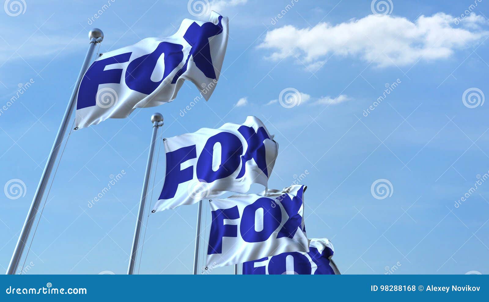 Waving Flags with Fox Logo Against Sky, Editorial 3D Rendering ...