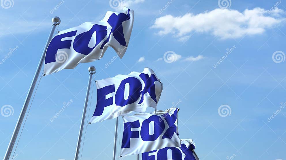 Waving Flags with Fox Logo Against Sky, Editorial 3D Rendering ...