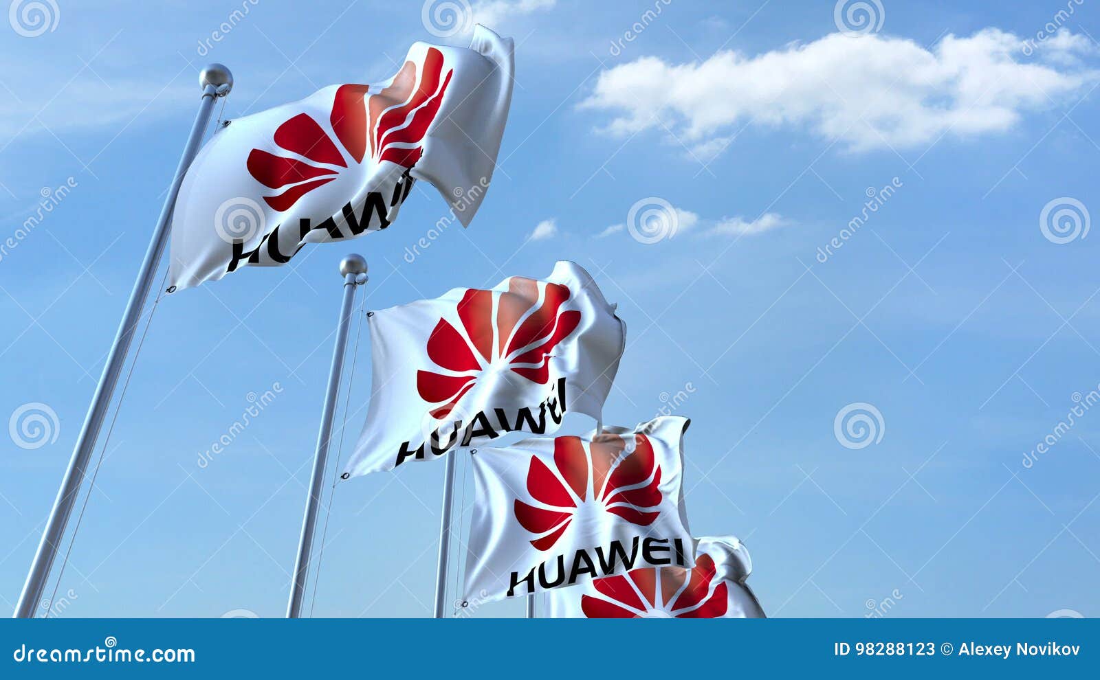 Waving Flags with Huawei Logo Against Sky, Editorial 3D Rendering ...