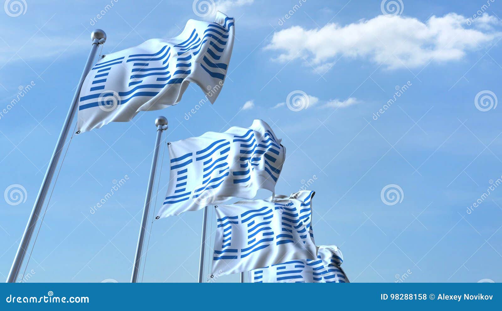 Waving Flags with IBM Logo Against Sky, Editorial 3D Rendering ...