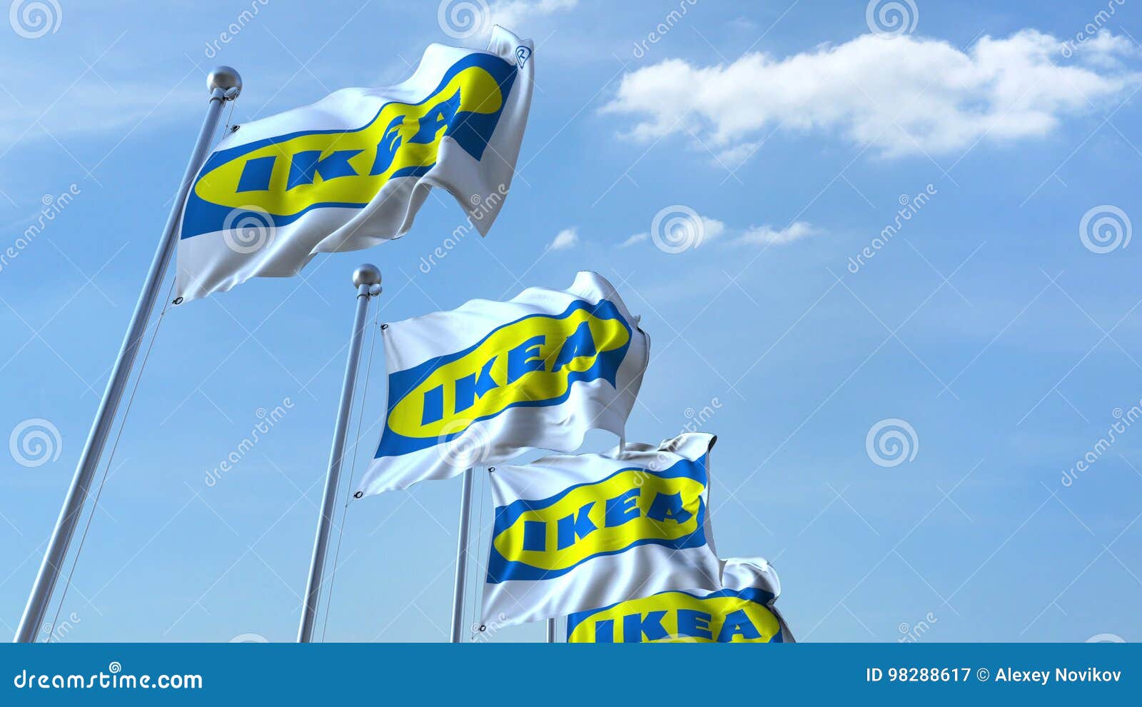 Waving Flags with Ikea Logo Against Sky, Editorial 3D Rendering ... Waving Flags with Ikea Logo Against Sky, Editorial 3D Rendering ...