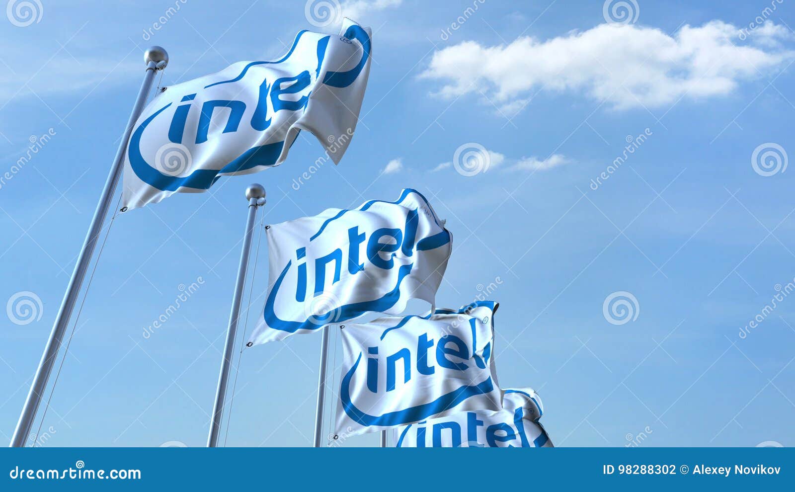 Waving Flags with Intel Logo Against Sky, Editorial 3D Rendering ...