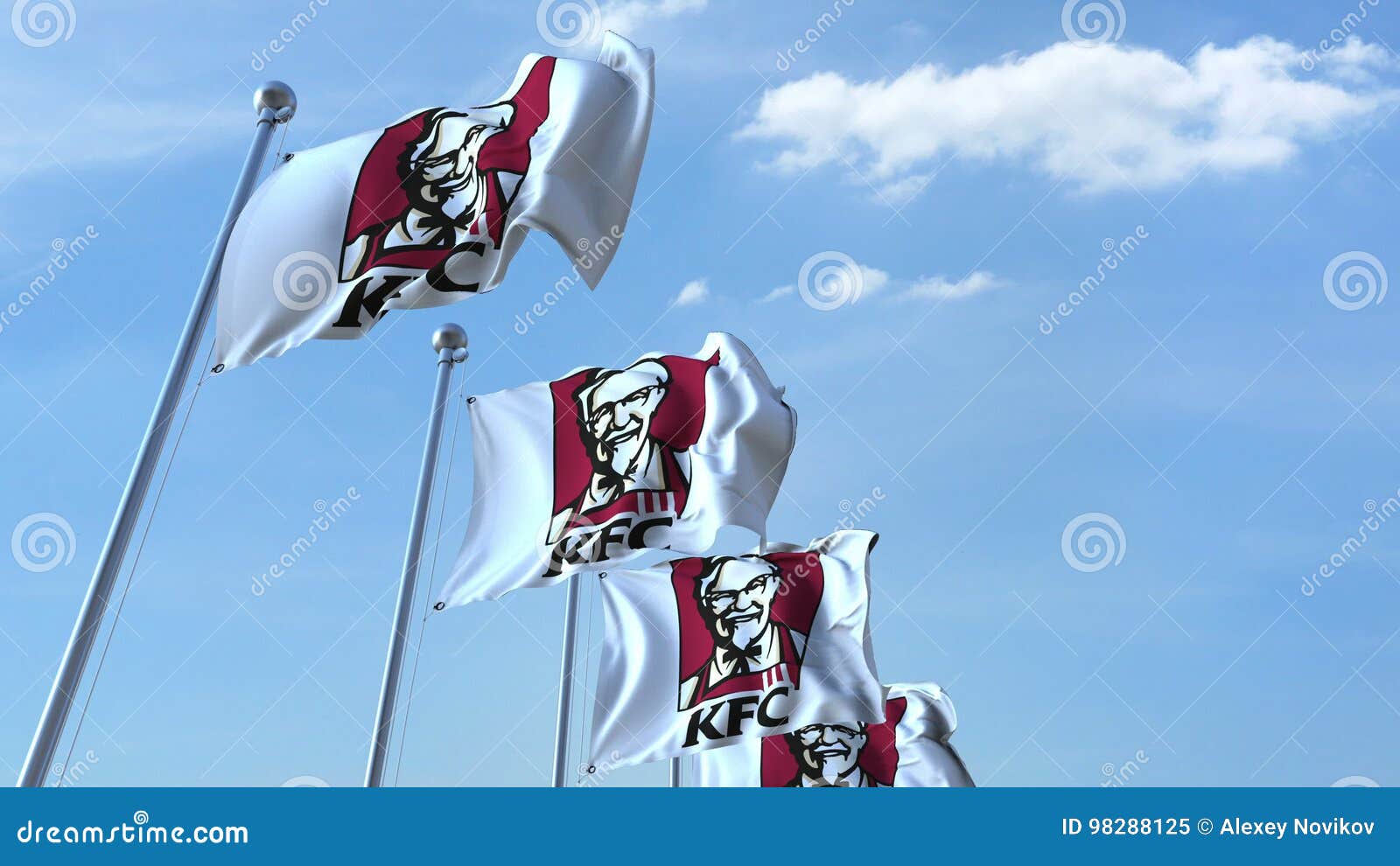 Waving Flags with KFC Logo Against Sky, Editorial 3D Rendering ...