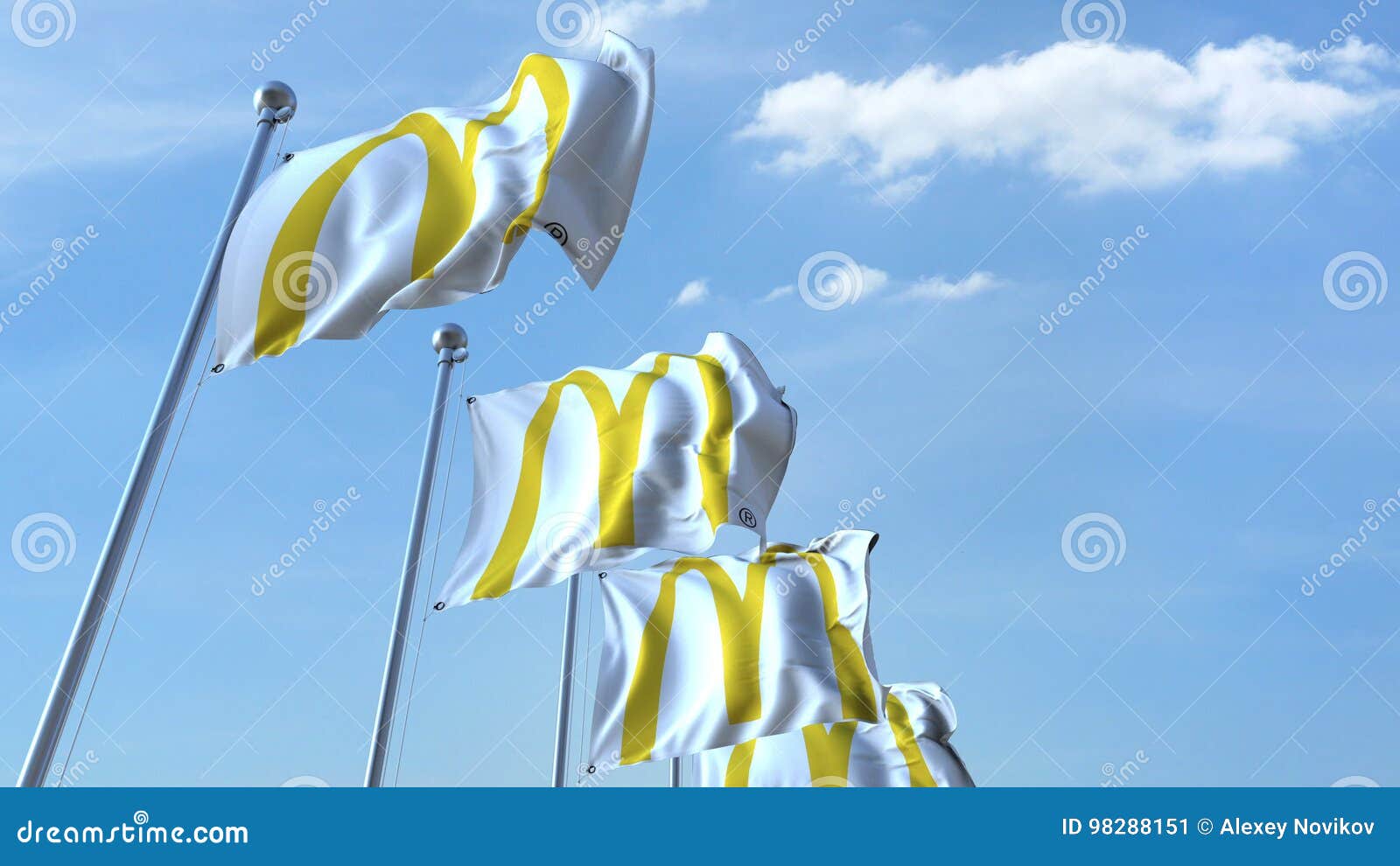 Waving Flags with McDonald`s Logo Against Sky, Editorial 3D Rendering ...