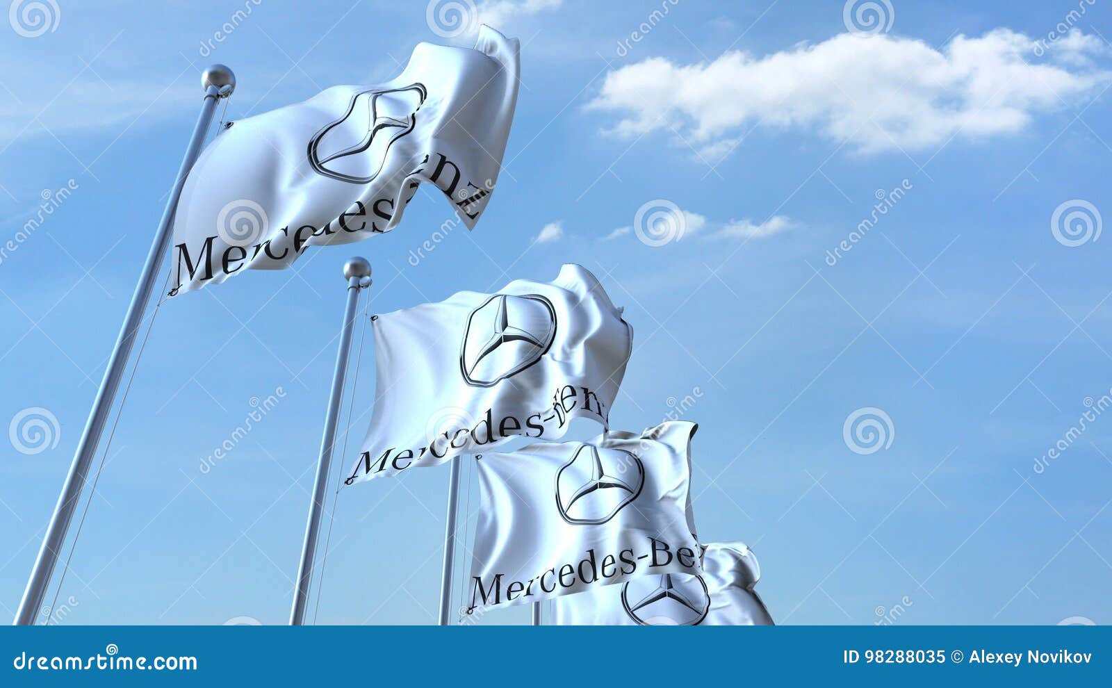 Waving Flags with Mercedes-Benz Logo Against Sky, Editorial 3D ...