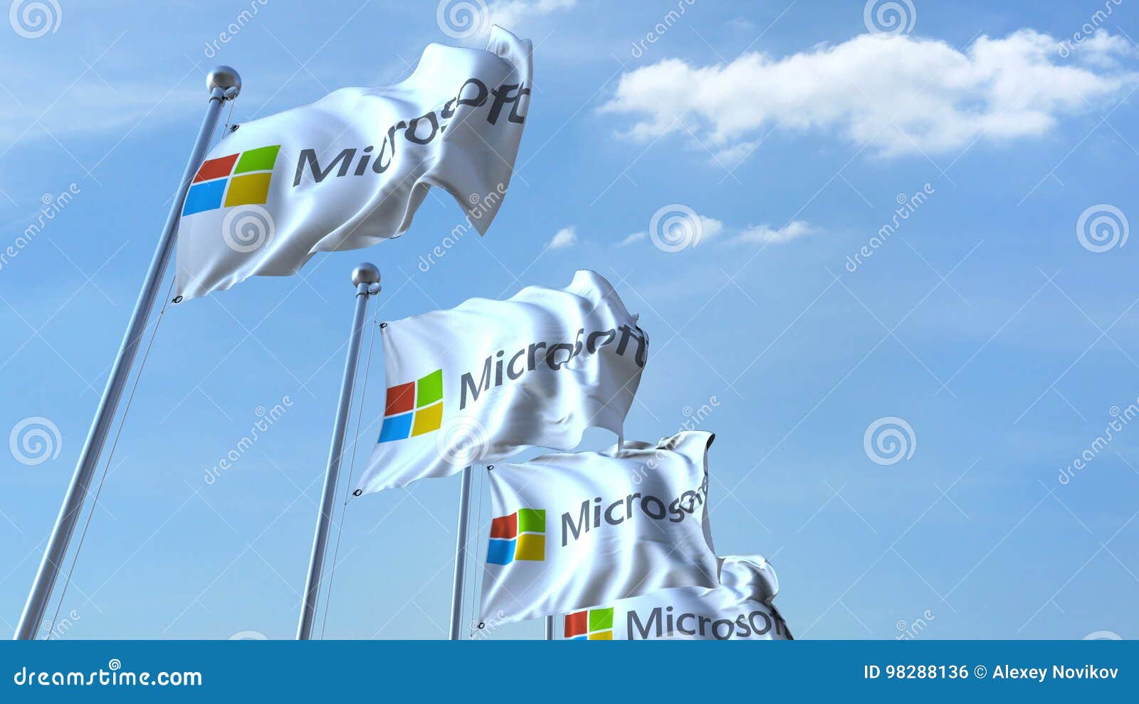 Waving Flags with Microsoft Logo Against Sky, Editorial 3D Rendering ...