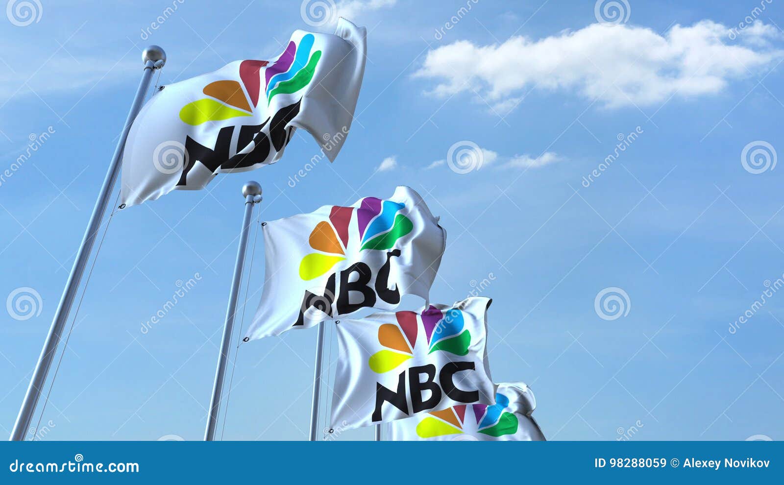 Waving Flags with NBC Logo Against Sky, Editorial 3D Rendering ...