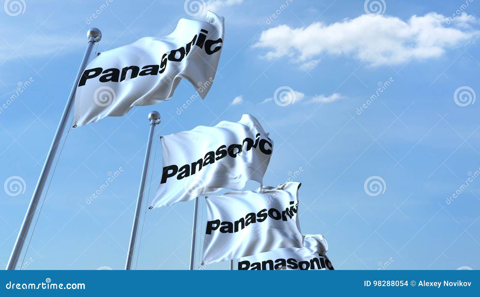 Waving Flags with Panasonic Logo Against Sky, Editorial 3D Rendering ...
