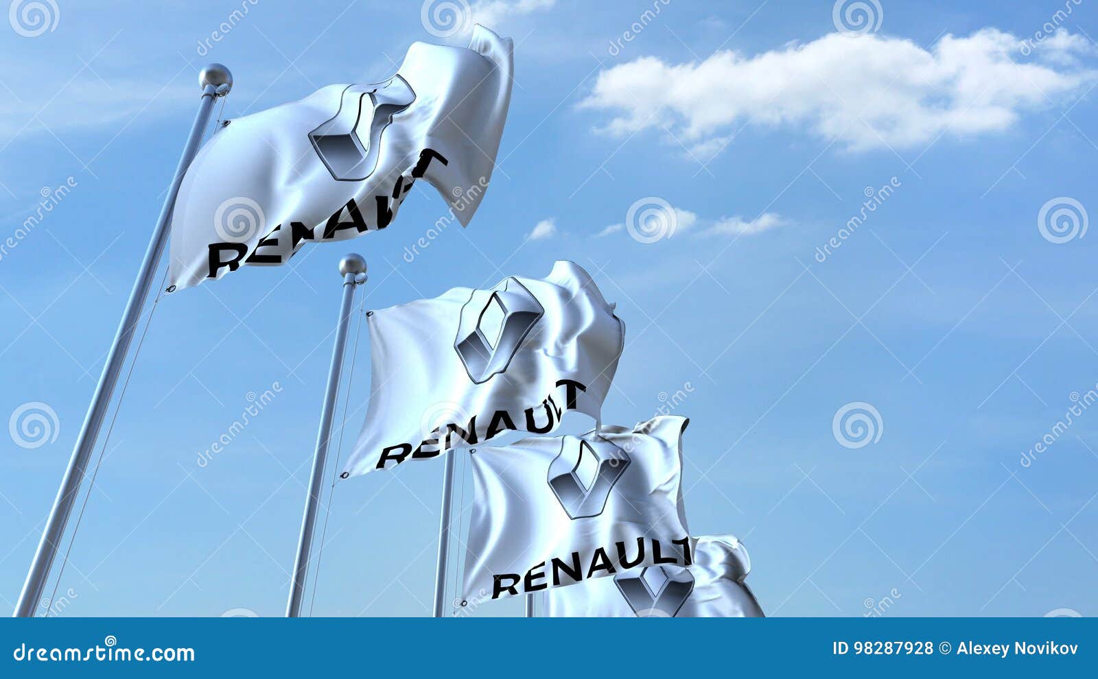 Waving Flags with Renault Logo Against Sky, Editorial 3D Rendering ...