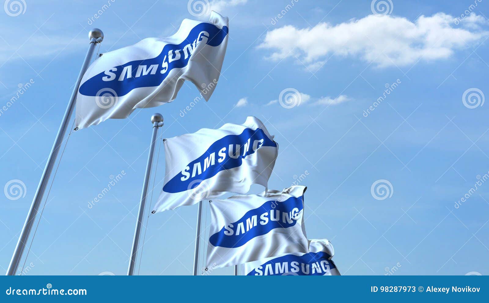 Waving Flags with Samsung Logo Against Sky, Editorial 3D Rendering ...