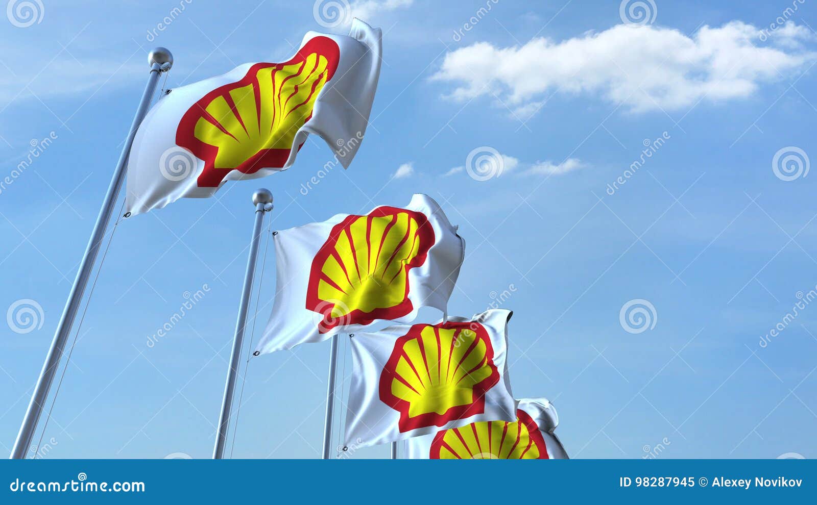 Waving Flags with Shell Logo Against Sky, Editorial 3D Rendering ...