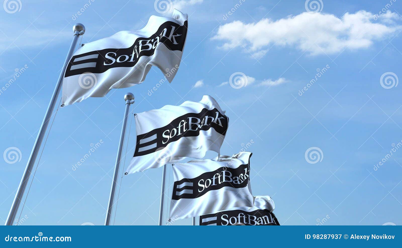 Waving Flags with Soft Bank Logo Against Sky, Editorial 3D Rendering ...