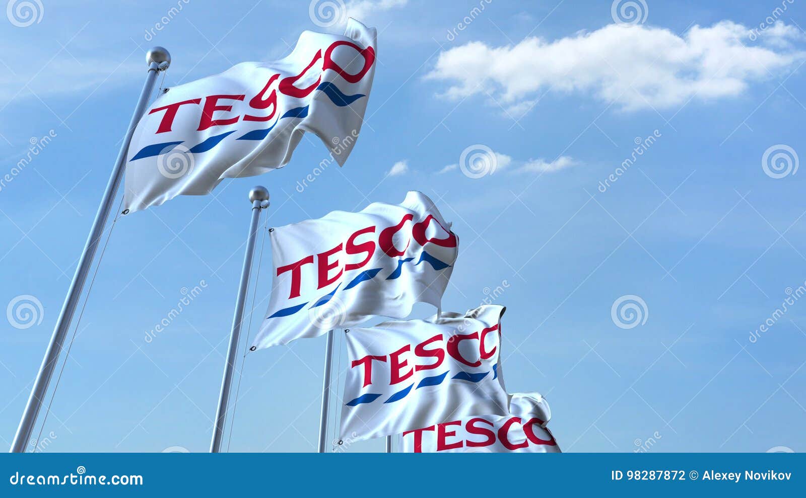 Waving Flags with Tesco Logo Against Sky, Editorial 3D Rendering ...