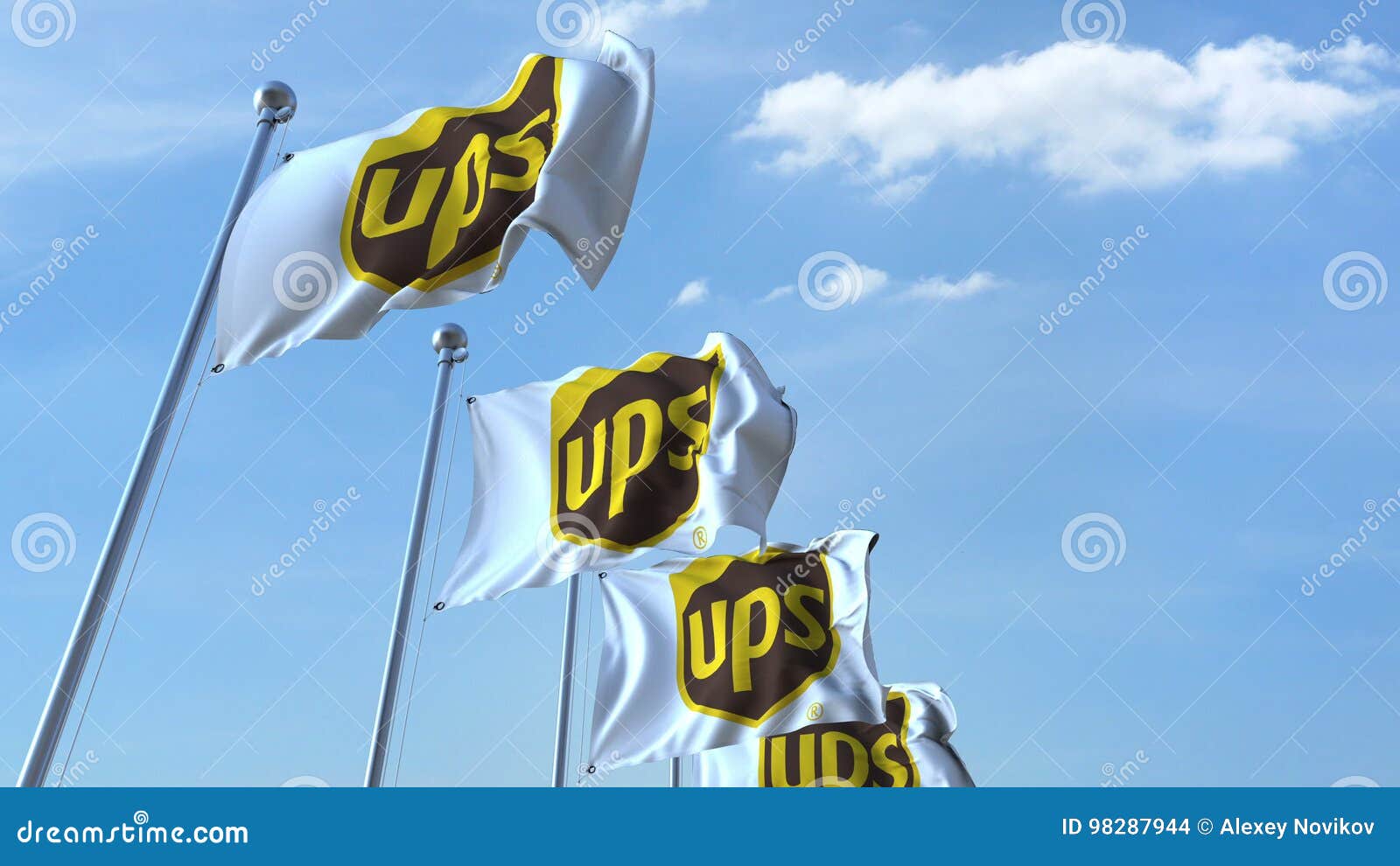 Waving Flags with UPS Logo Against Sky, Editorial 3D Rendering ...