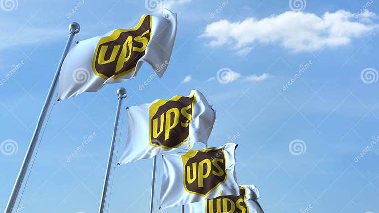 Waving Flags with UPS Logo Against Sky, Editorial 3D Rendering ...